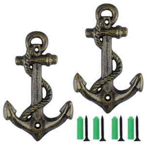 sanbege 2 pcs anchor coat hooks, nautical wall hangers, vintage cast iron key holder for hanging towels, bags, robes, decorations (antique bronze)