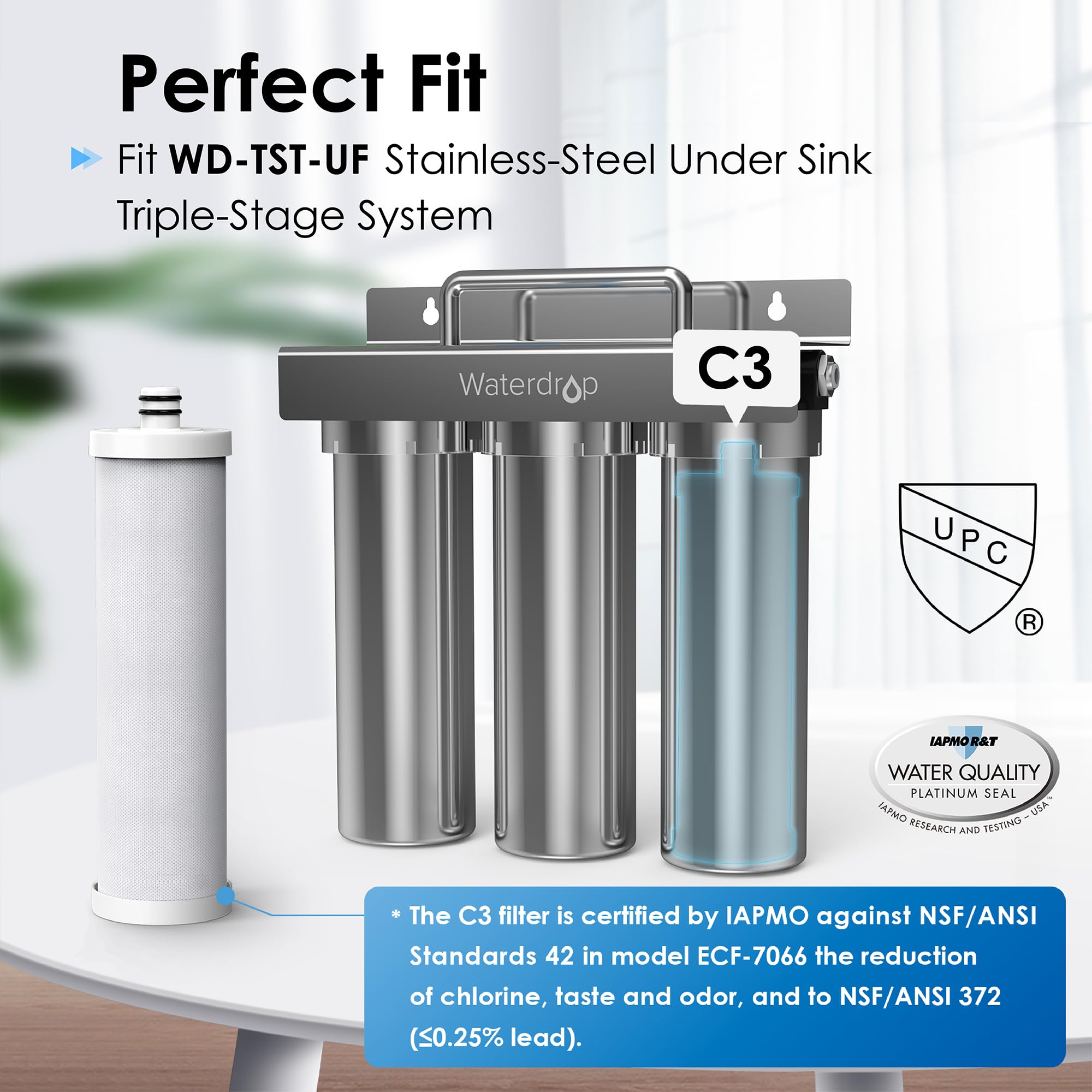 Waterdrop C3 Under Sink Carbon Water Filter, Replacement for TST-UF Ultra-Filtration Under Sink Water Filter System, 1 Pack