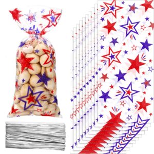 100 pieces patriotic celllo treat bags labor day goodie bag blue red usa star candy bag independence day 4th of july cellophane plastic bag with 100 silver twist tie for american party supplies gift