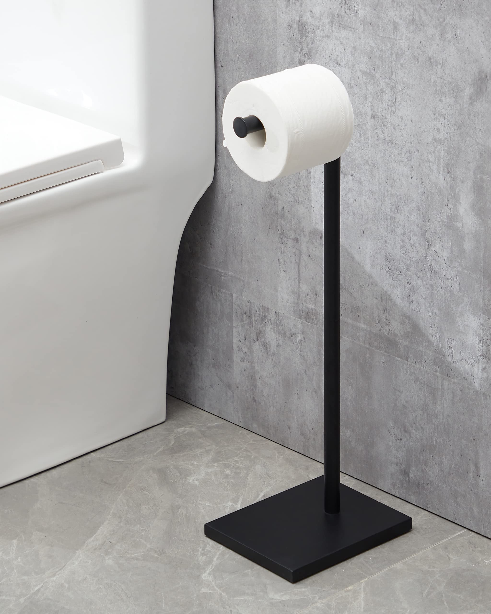 Free Standing Bathroom Toilet Paper Holder Stand with Reserve, Stainless Steel Pedestal Tissue Roll Holder, Black DECLUTTR