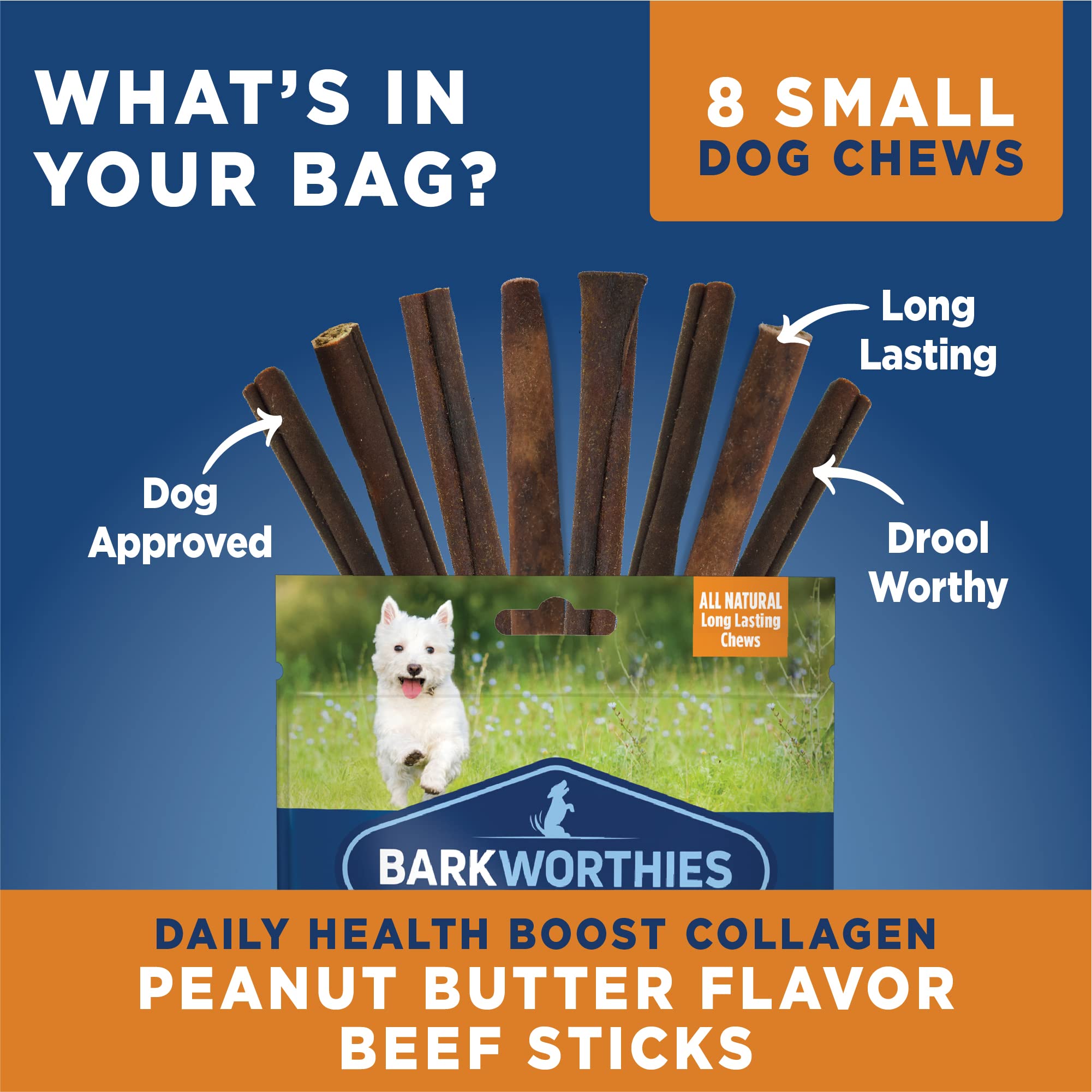 Barkworthies Peanut Butter Collagen Sticks Dog Treats (6-Inch, 8-Pack)