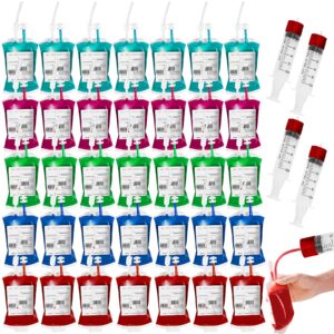 mgparty 50 packs halloween blood iv bags reusable drink pouches juice containers for halloween zombie vampire party decoration with syringe and clips, 10.14 fl.oz (50pcs bags, 50 labels, 3 syringes)