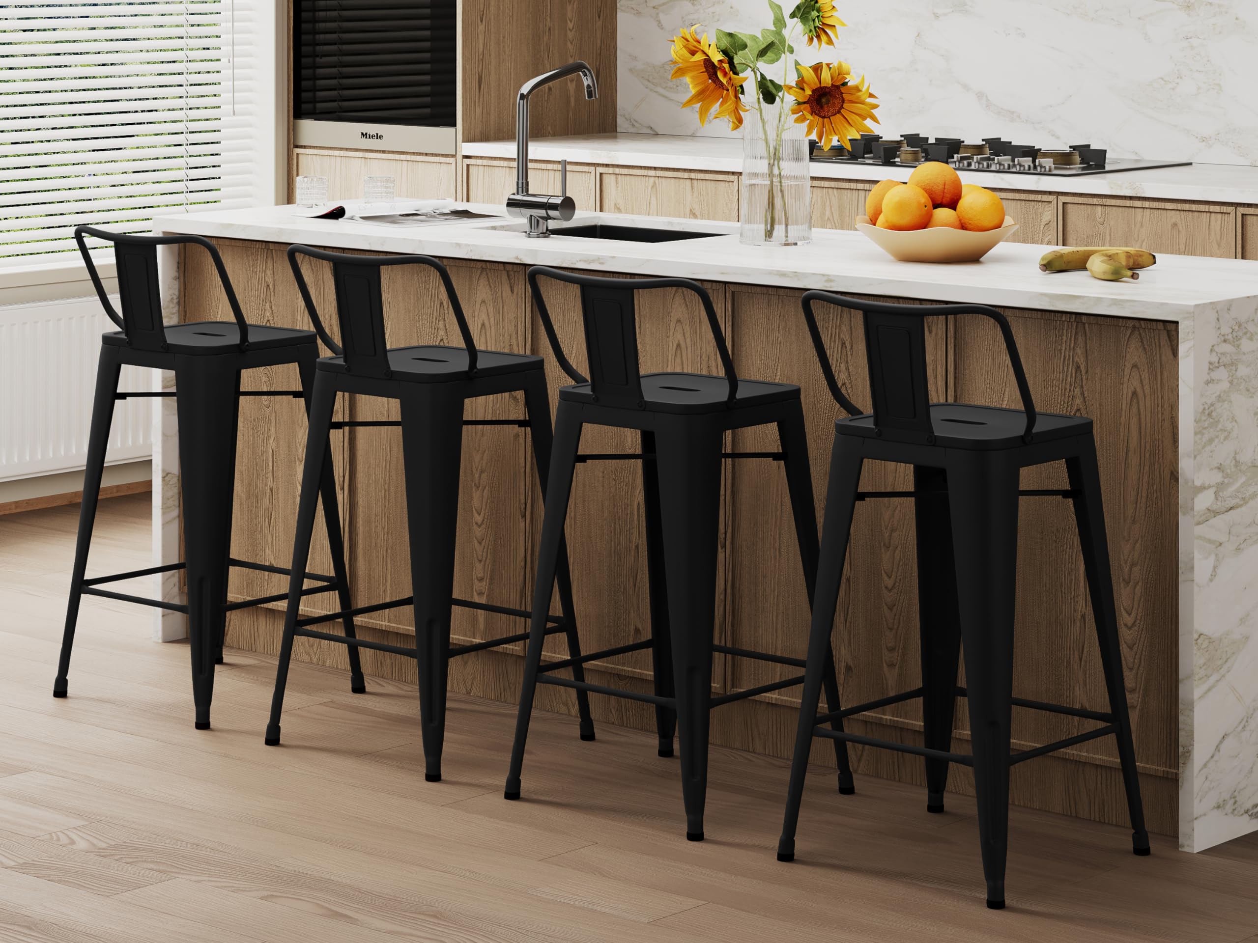 Changjie Furniture Metal Barstools Set of 4 Industrial Bar Stools Counter Stools with Backs Indoor Outdoor Counter Height Bar Stools (26 Inch, Bronze)