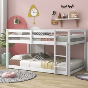 harper & bright designs low bunk beds twin over twin wood twin bunk bed frame with safety rail ladder for kids bedroom twin floor bunk bed for boys girls teens, white