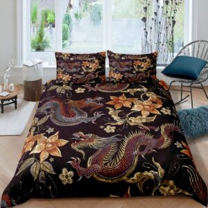 boys dragon duvet cover golden exotic floral bedding set for kids teens chinese heritage historical eastern motif comforter cover vermilion black bedspread cover bedroom collection 3pcs king size…