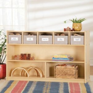 guidecraft edq shelves and 5 bin storage unit- natural: wooden organizer cabinet for school and home, teacher's book cubby and toy shelf