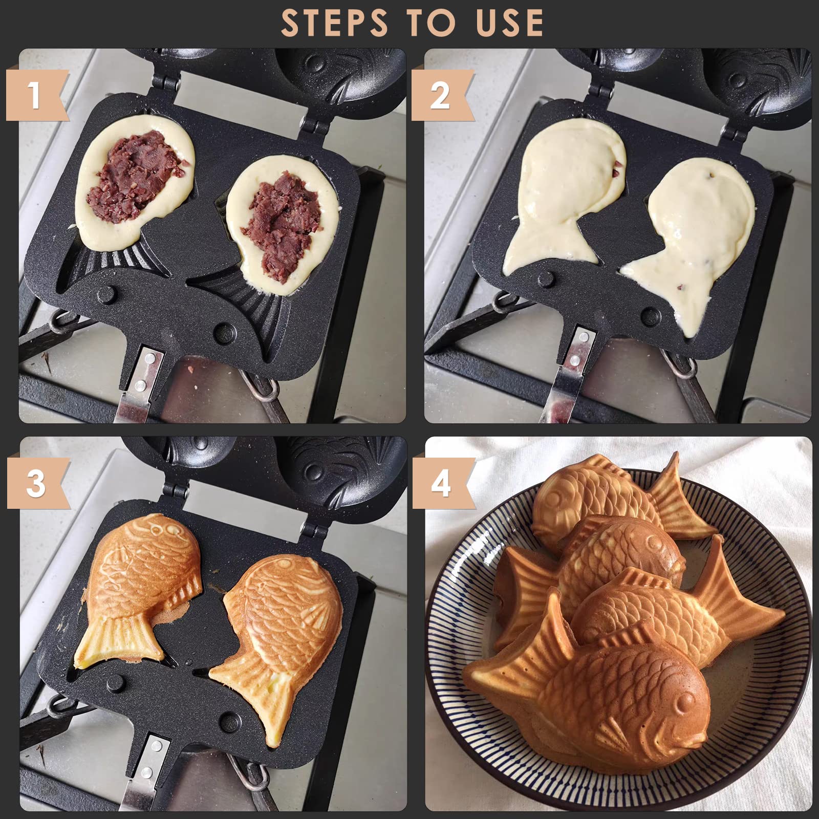 MAOPINER Taiyaki Fish Shape Cake Pan Waffle Cake Maker Pan Fish Shaped Pancake Double Pan Mold for Home DIY Cooking Party Dessert