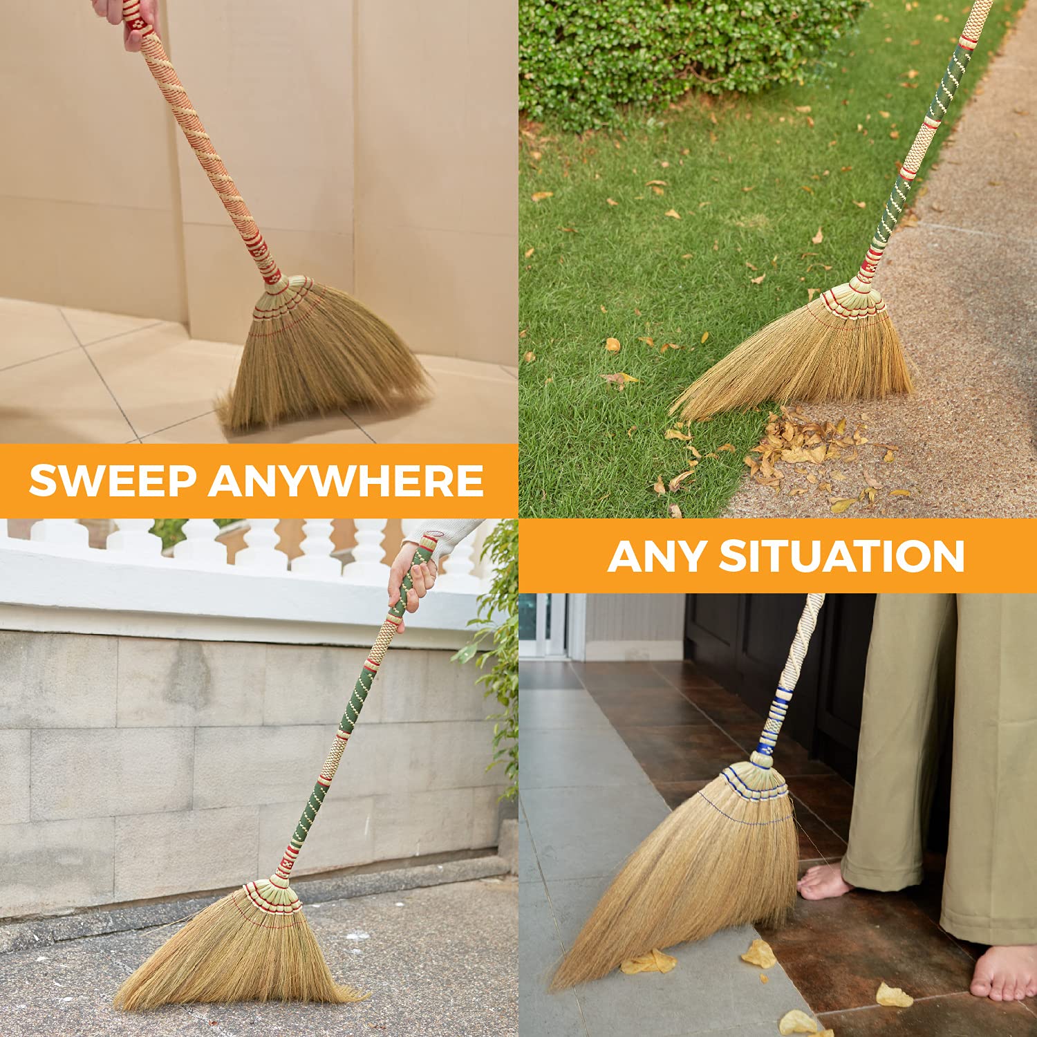 SN SKENNOVA Asian Broom for Cleaning Floor/Handheld Household Broom for Outdoor and Indoor : House Broom - Hardwood Sweeper with Brush Power and Circle Cleaning (Thai Pattern 2, Blue 2)