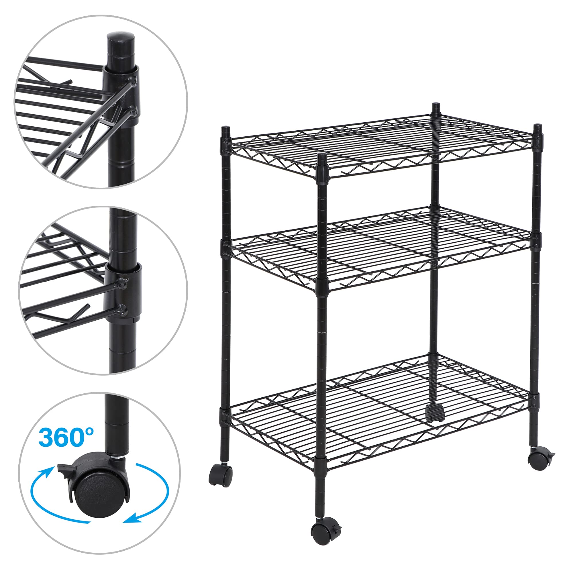 ZENY 3-Shelf Heavy Duty Shelving Storage Unit with Casters, Metal Organizer Wire Rack for Kitchen, Office, Garage, Black