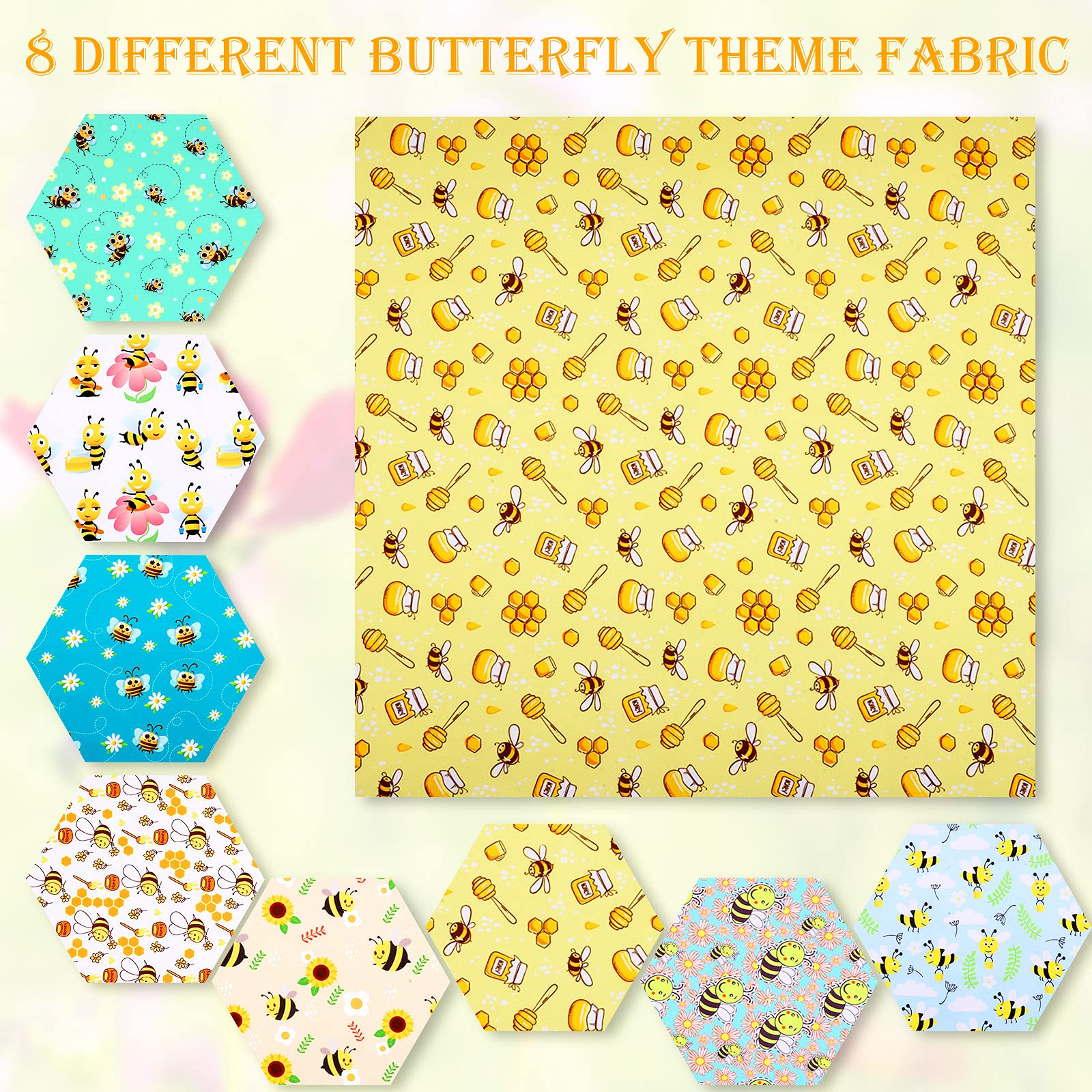 8 Pieces Bee Fabric Honey Bee Pattern Fabric Fat Quarters Bee Theme Quilting Fabric Bees Flower Printed Craft Fabric Bundles for DIY Sewing Quilting Crafts (20 x 20 Inch)