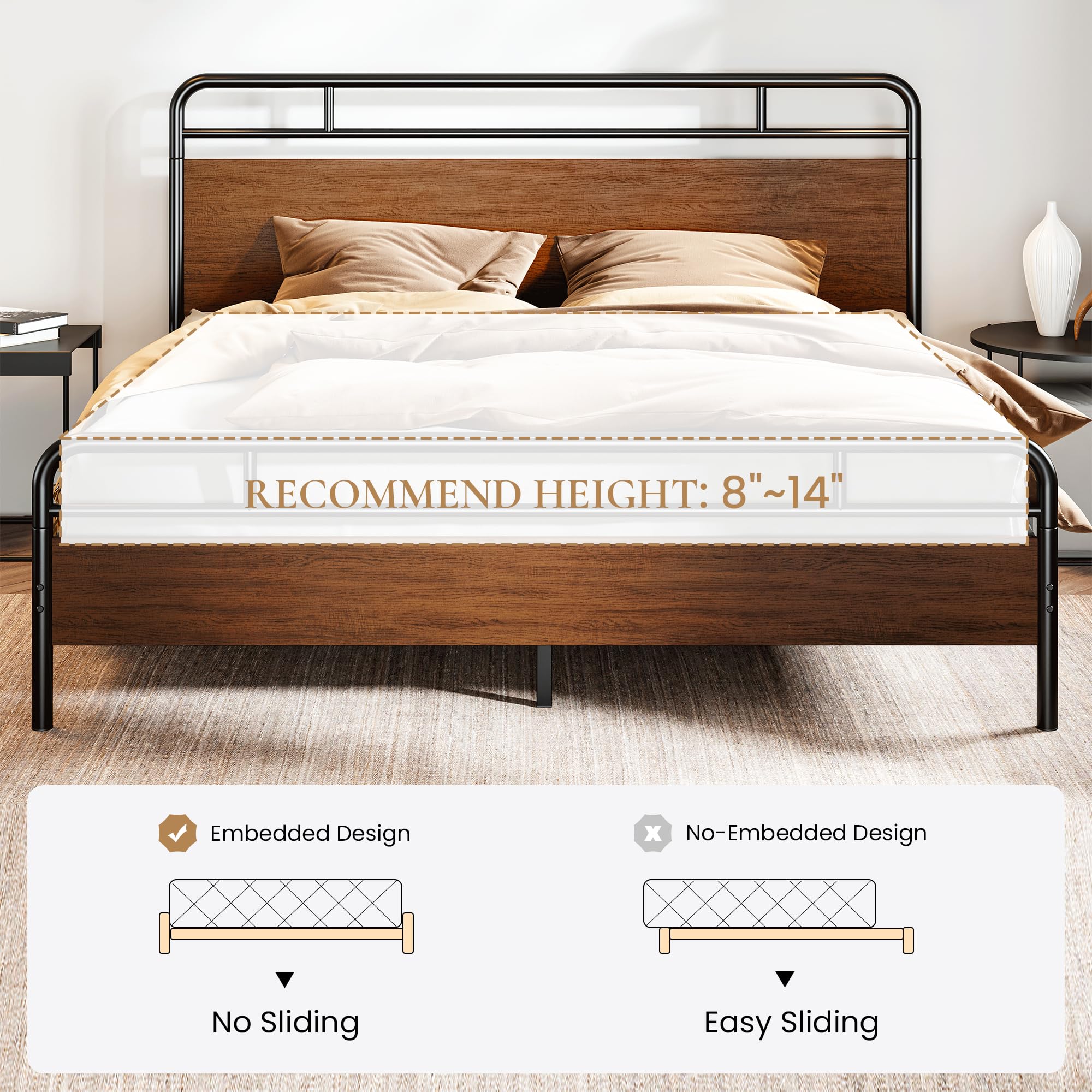 SHA CERLIN King Size Bed Frame with Wooden Headboard and Footboard, Rounded Corner Metal Frame, Heavy Duty Platform Bed with Under Bed Storage, No Box Spring Needed, Walnut