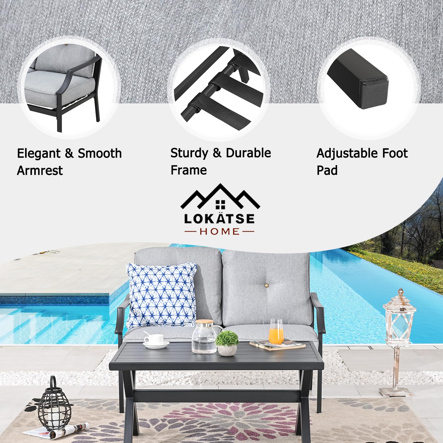 LOKATSE HOME Outdoor Loveseat and Coffee Table Metal Conversation Set Patio Furniture with Cushions for Poolside Backyard Lawn, Grey