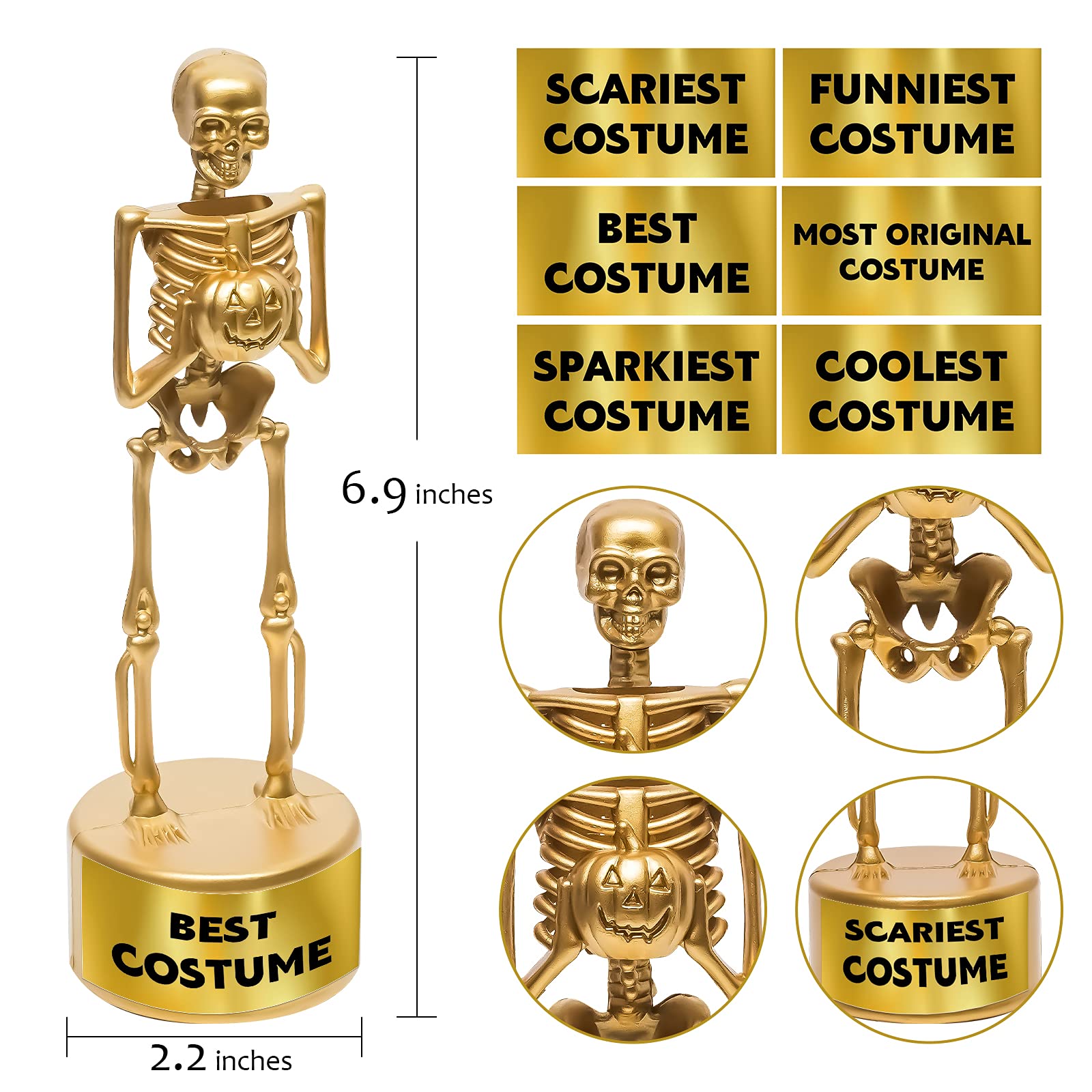 6 Halloween Best Costume Skeleton Trophy, Halloween Skull Party Favor Prizes, Halloween Party Supplies Gold Bones Game Awards, Costume Contest Event Trophy, School Classroom Rewards for Kids(A)