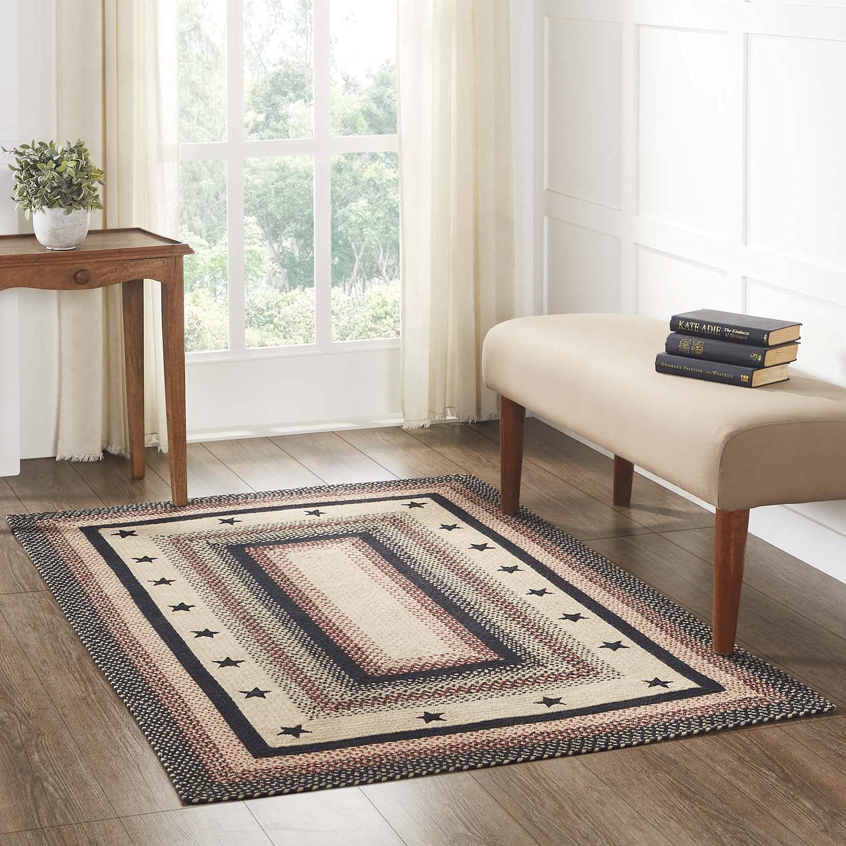 VHC Brands Colonial Star Rug with PVC Pad, Jute Blend, Rectangle, Tan Black Red, 48x72 inches