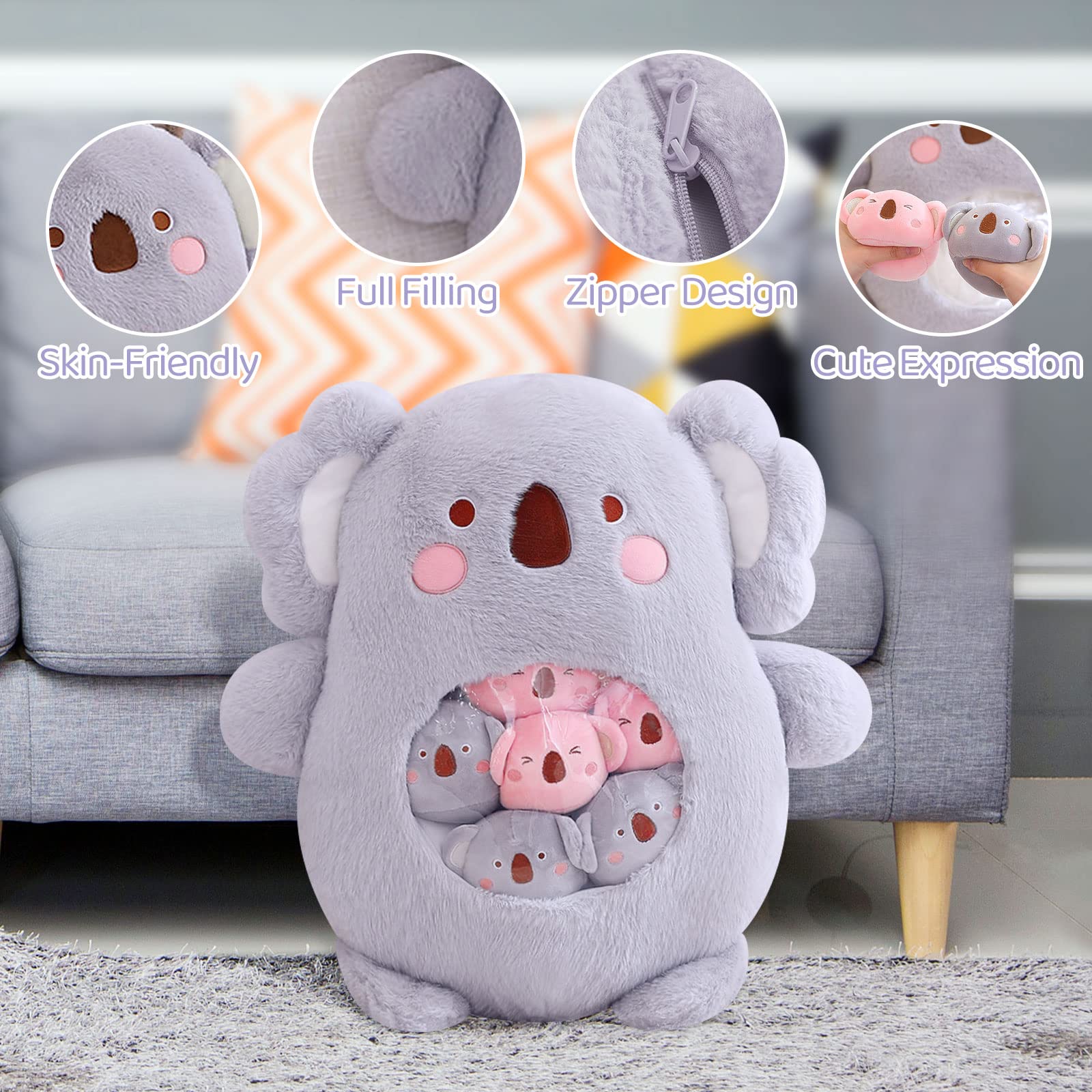 Kawaii Koala Stuffed Animal Toy, Removable Plush Pillow Pet Stuff Squishy Fluffy Anime Throw Pillow, Cute Bag of Koala Dolls Kids Gifts for Girls, Sofa Chair Home Decor Pillow, 6 Koalas (Gray)