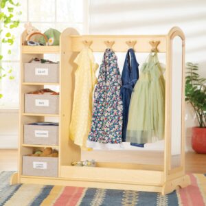 guidecraft edq dress-up storage with bins natural: kids dress up rack with mirror, shoe storage shelf, and cubbies for costume and pretend play | toddler closet, montessori wood bedroom furniture