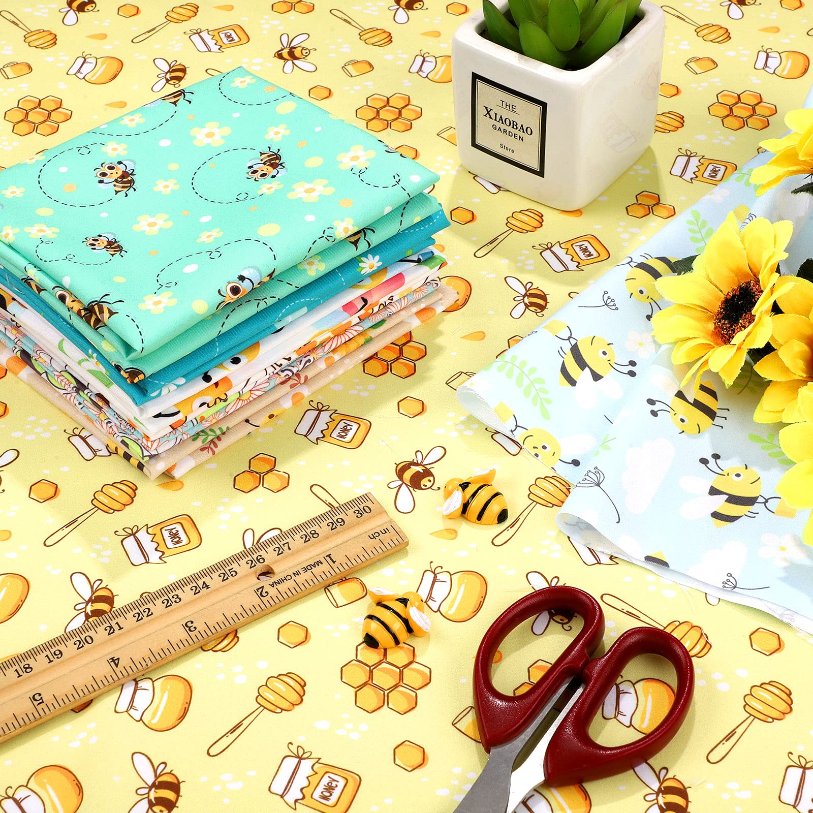 8 Pieces Bee Fabric Honey Bee Pattern Fabric Fat Quarters Bee Theme Quilting Fabric Bees Flower Printed Craft Fabric Bundles for DIY Sewing Quilting Crafts (20 x 20 Inch)