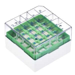 uxcell centrifuge tube freezer storage box 25 places waterproof polypropylene cryogenic holder rack for 1.8/2ml microcentrifuge tubes vials samples, green