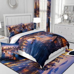 New York City Bedding Set Cityscape Duvet Cover King Size,Manhattan Skyline Comforter Cover Bridge Sunset Scenery Quilt Cover City Lights Bedroom Decor for Boys Girls Youth