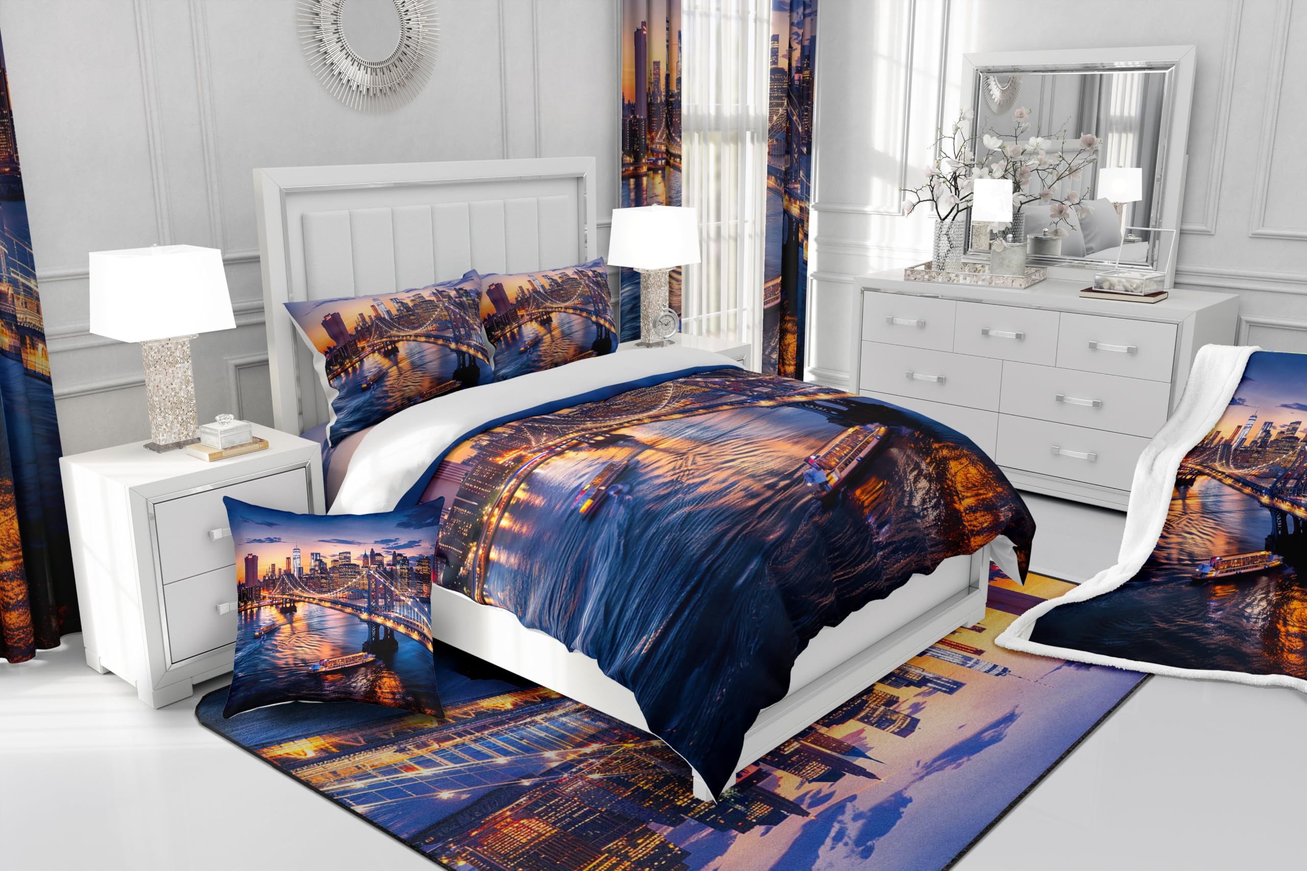 New York City Bedding Set Cityscape Duvet Cover King Size,Manhattan Skyline Comforter Cover Bridge Sunset Scenery Quilt Cover City Lights Bedroom Decor for Boys Girls Youth