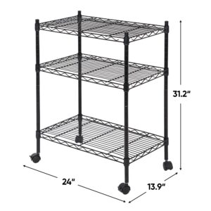 ZENY 3-Shelf Heavy Duty Shelving Storage Unit with Casters, Metal Organizer Wire Rack for Kitchen, Office, Garage, Black