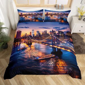 new york city bedding set cityscape duvet cover king size,manhattan skyline comforter cover bridge sunset scenery quilt cover city lights bedroom decor for boys girls youth