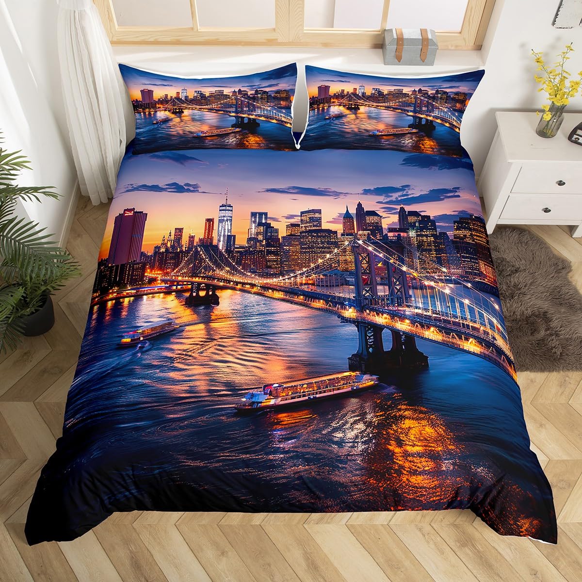 New York City Bedding Set Cityscape Duvet Cover King Size,Manhattan Skyline Comforter Cover Bridge Sunset Scenery Quilt Cover City Lights Bedroom Decor for Boys Girls Youth