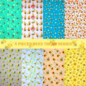 8 pieces bee fabric honey bee pattern fabric fat quarters bee theme quilting fabric bees flower printed craft fabric bundles for diy sewing quilting crafts (20 x 20 inch)