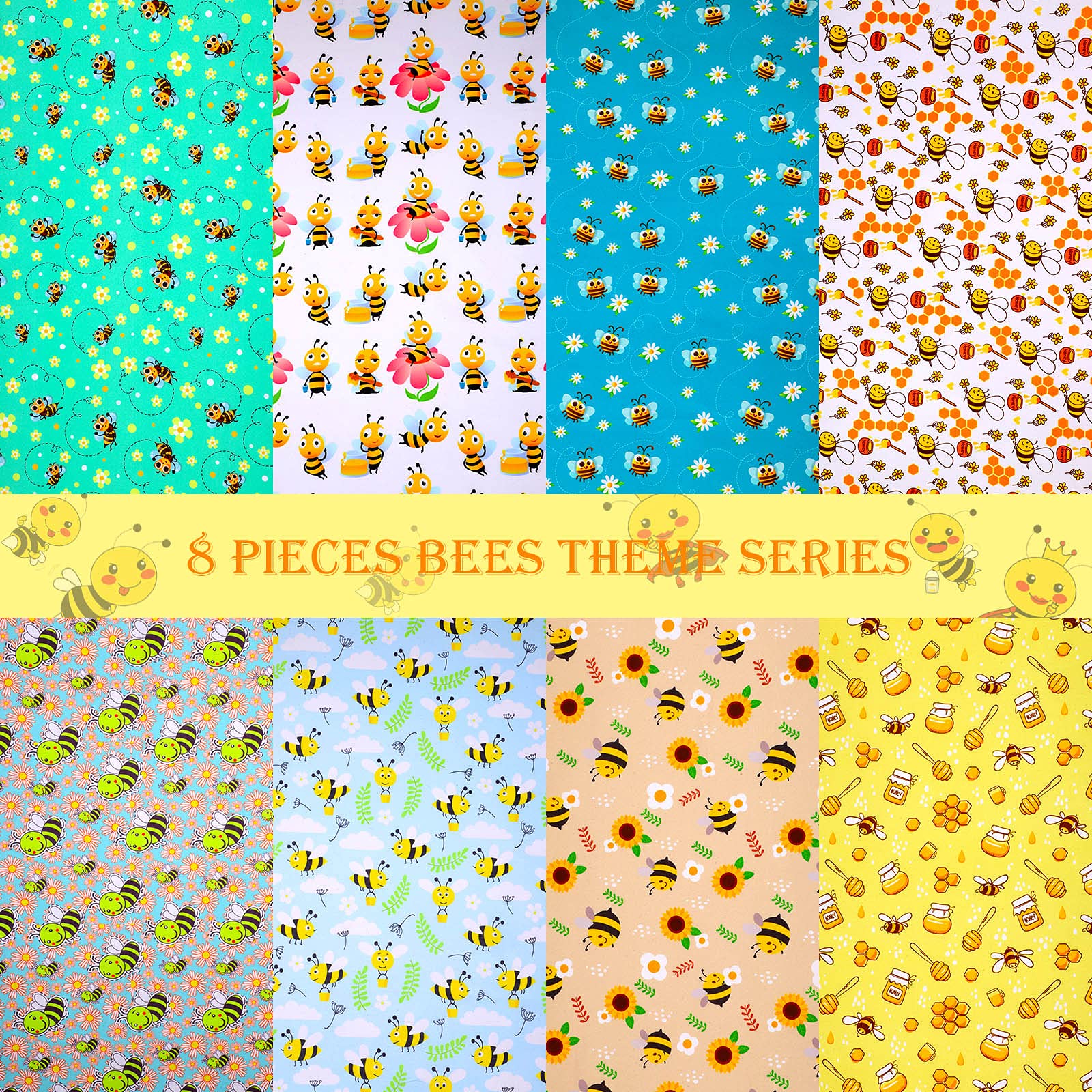 8 Pieces Bee Fabric Honey Bee Pattern Fabric Fat Quarters Bee Theme Quilting Fabric Bees Flower Printed Craft Fabric Bundles for DIY Sewing Quilting Crafts (20 x 20 Inch)