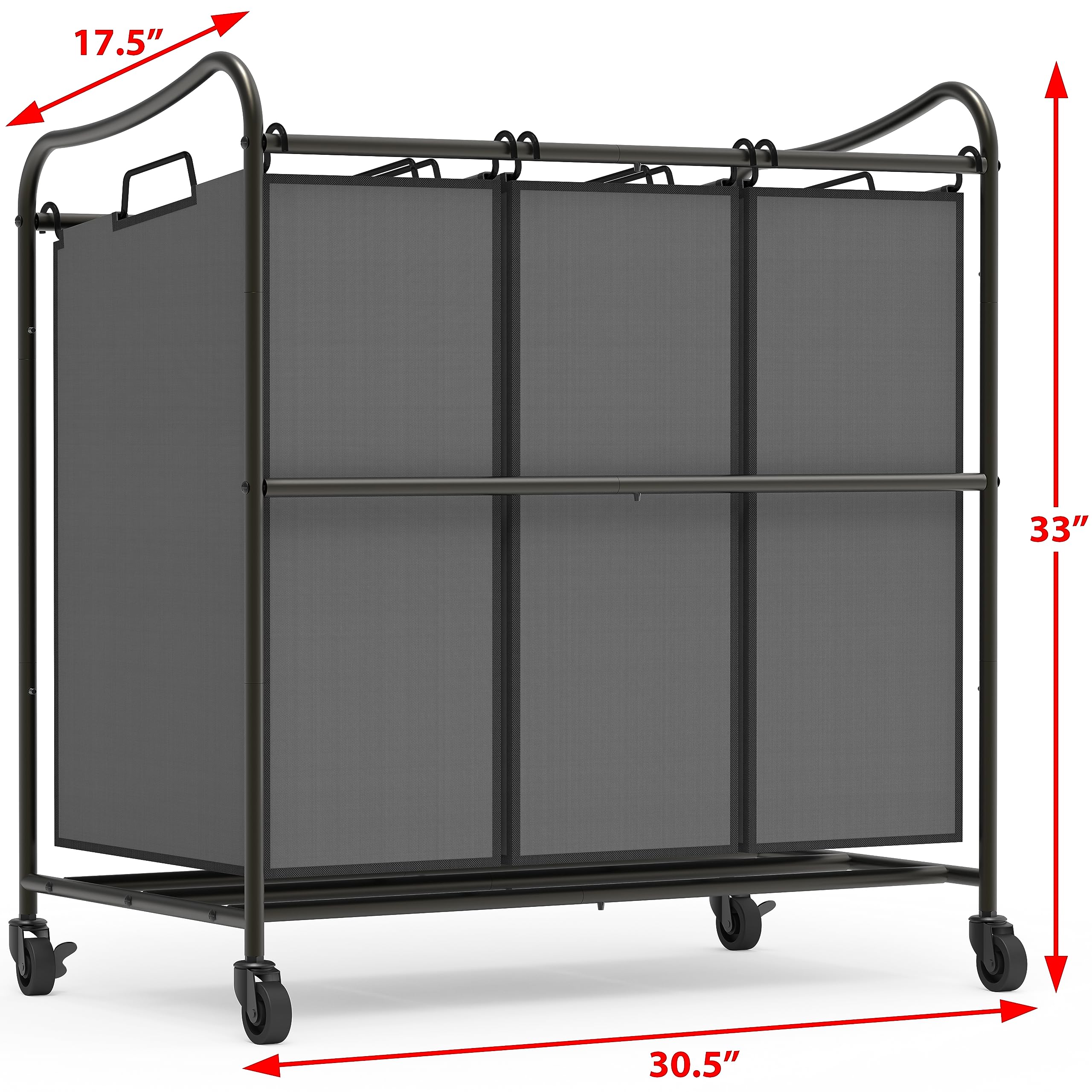 Simple Houseware Heavy Duty 3-Bag Laundry Sorter Rolling Cart, Dark Grey