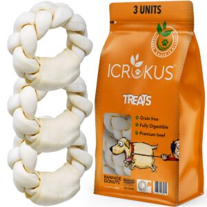 icrokus natural braided rawhides for dogs - rawhide dog treats digestible braided dog chews rings - free range grass fed dog treat donut 5 inches set of 3 units (no odor)