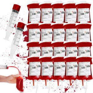 20 packs halloween blood iv bags for drinks reusable container drinks pouches for vampire zombie theme party decoration supplies with syringe and clips, 10.15 fl.oz (20pcs bag, 20 label, 2 syringes)