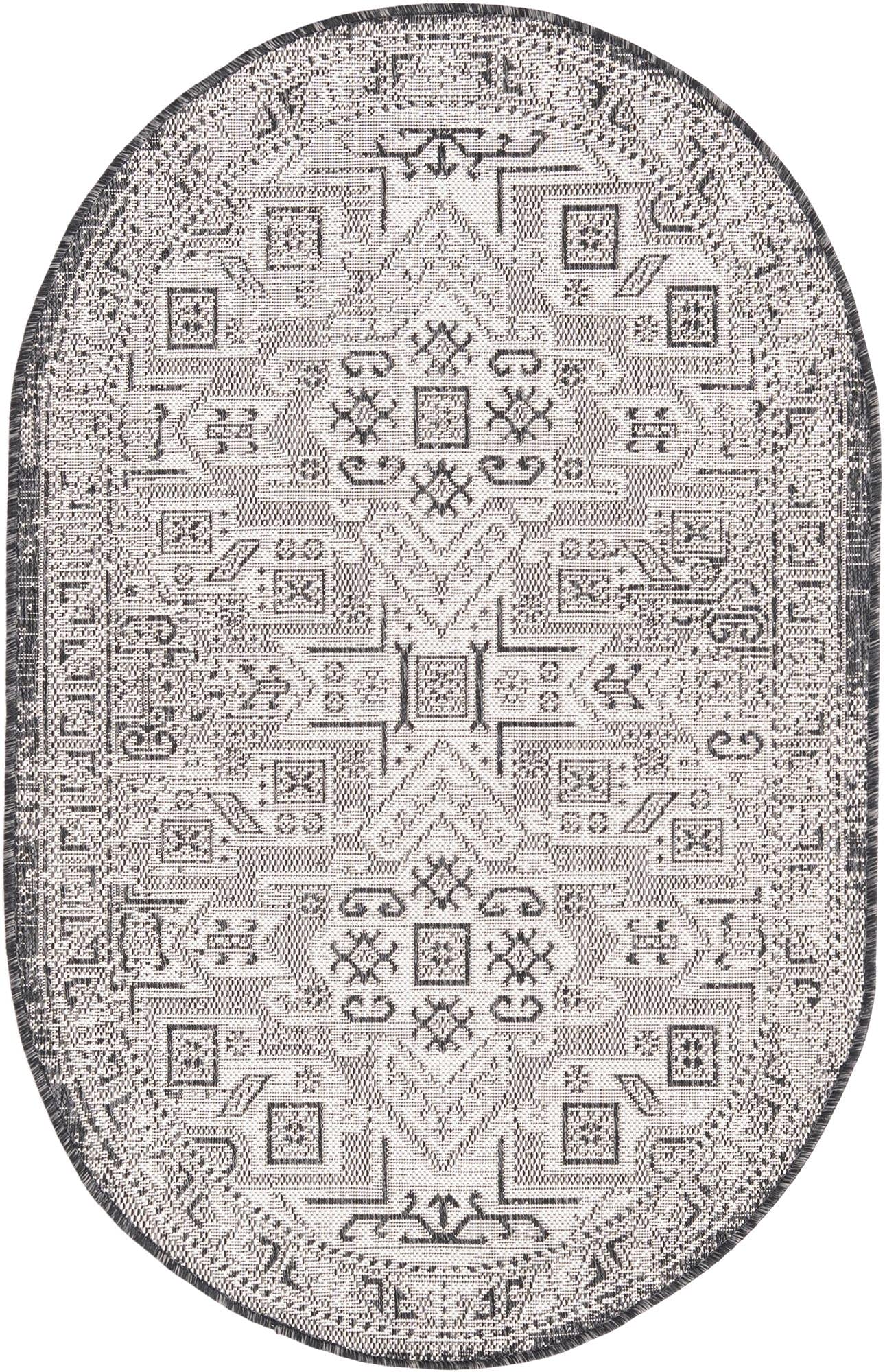 Rugs.com Outdoor Aztec Collection Rug – 3' x 5' Oval Charcoal Gray Flatweave Rug Perfect for Living Rooms, Large Dining Rooms, Open Floorplans