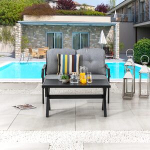 LOKATSE HOME Outdoor Loveseat and Coffee Table Metal Conversation Set Patio Furniture with Cushions for Poolside Backyard Lawn, Grey