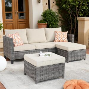 ovios patio furniture 3-pieces set, modern all weather wicker rattan sofa couch for yard porch, beige cushion