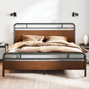 sha cerlin king size bed frame with wooden headboard and footboard, rounded corner metal frame, heavy duty platform bed with under bed storage, no box spring needed, walnut