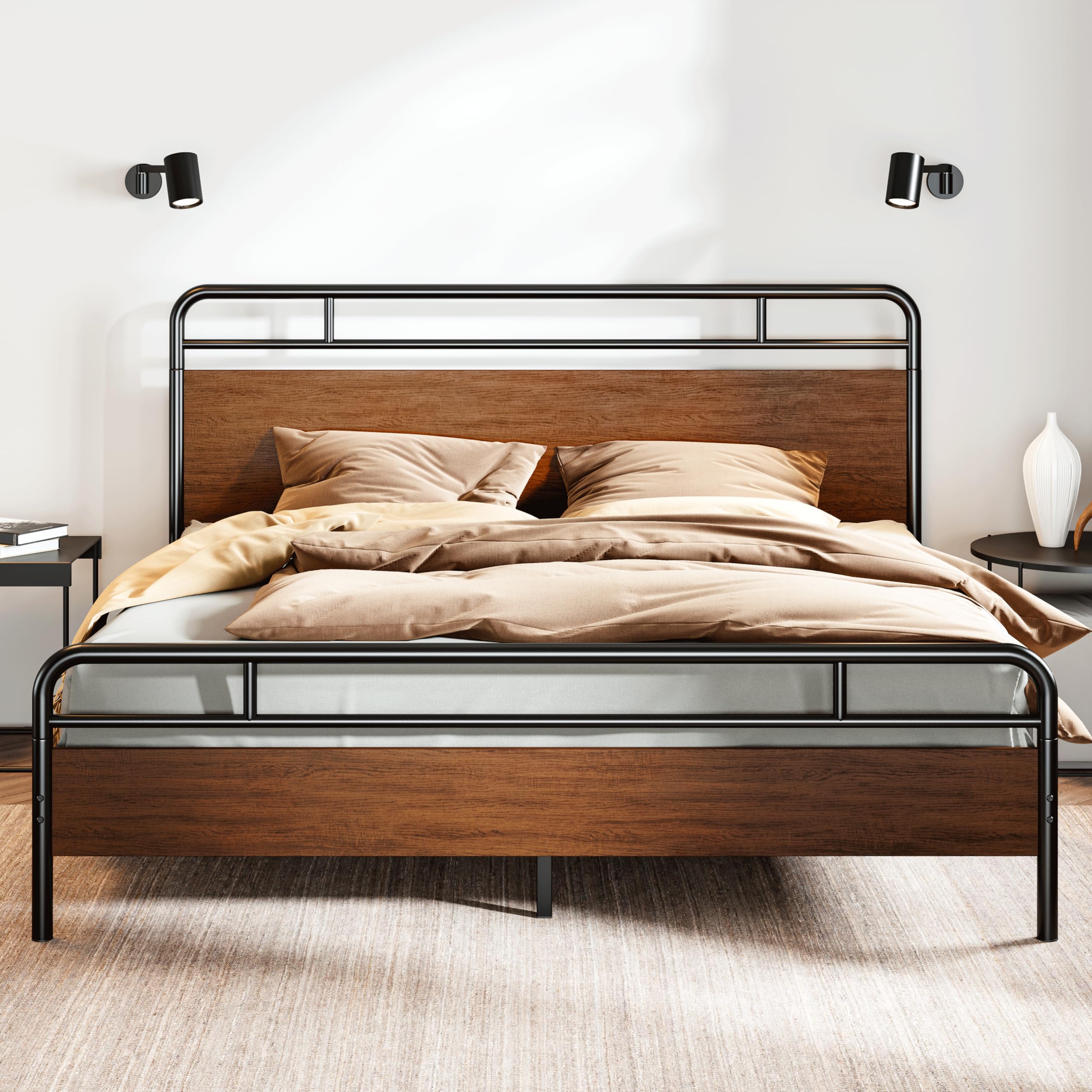 SHA CERLIN King Size Bed Frame with Wooden Headboard and Footboard, Rounded Corner Metal Frame, Heavy Duty Platform Bed with Under Bed Storage, No Box Spring Needed, Walnut