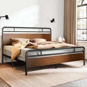 SHA CERLIN King Size Bed Frame with Wooden Headboard and Footboard, Rounded Corner Metal Frame, Heavy Duty Platform Bed with Under Bed Storage, No Box Spring Needed, Walnut