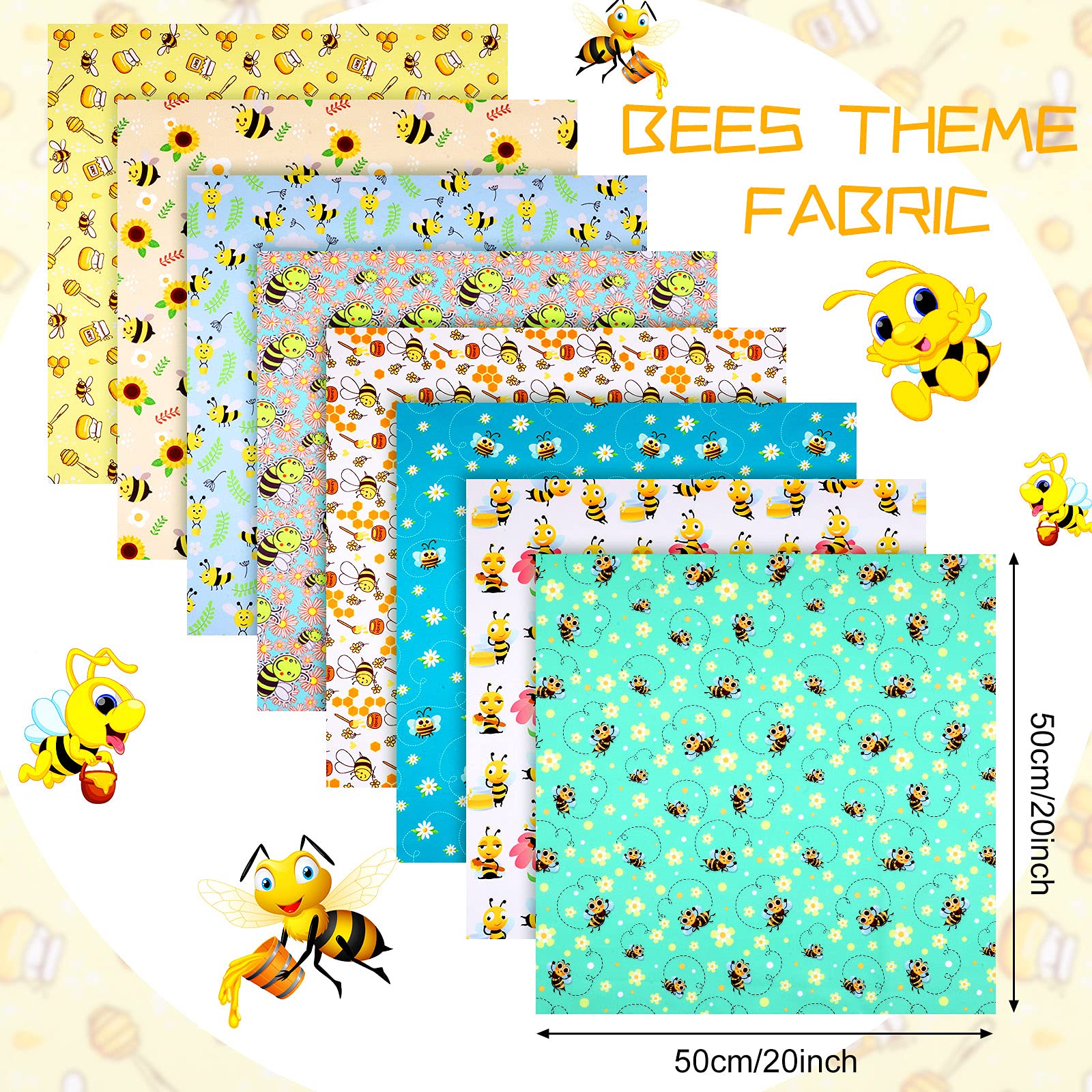 8 Pieces Bee Fabric Honey Bee Pattern Fabric Fat Quarters Bee Theme Quilting Fabric Bees Flower Printed Craft Fabric Bundles for DIY Sewing Quilting Crafts (20 x 20 Inch)