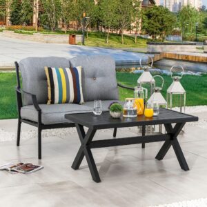 lokatse home outdoor loveseat and coffee table metal conversation set patio furniture with cushions for poolside backyard lawn, grey