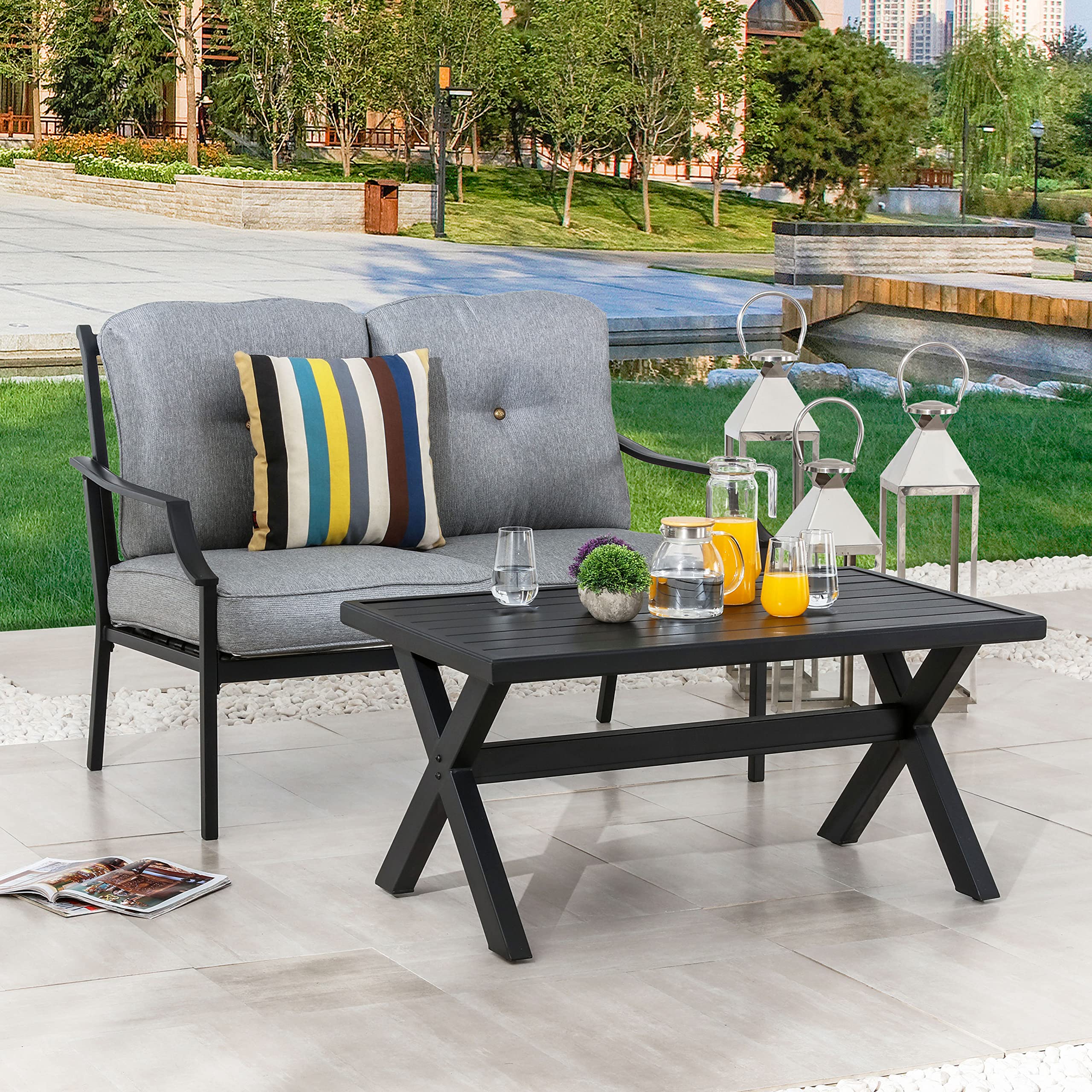 LOKATSE HOME Outdoor Loveseat and Coffee Table Metal Conversation Set Patio Furniture with Cushions for Poolside Backyard Lawn, Grey