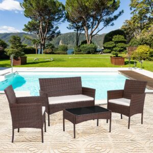 sunlei 4 pieces outdoor patio furniture sets conversation sets rattan chair wicker set,coffee table,outdoor indoor use backyard porch garden poolside balcony furniture(brown rattan/white)