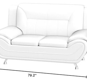 Container Furniture Direct Michael Modern Faux Leather Upholstered Stainless Steel Legs Living Room Loveseat, Milky White