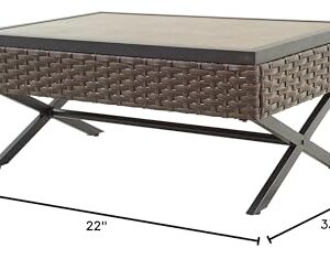 LOKATSE HOME Outdoor Side Wicker Patio Rattan Bistro Furniture Metal Frame End Coffee Tables with X Shaped Steel Legs & Wood Grain Desktop, Brown