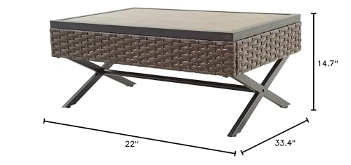 LOKATSE HOME Outdoor Side Wicker Patio Rattan Bistro Furniture Metal Frame End Coffee Tables with X Shaped Steel Legs & Wood Grain Desktop, Brown