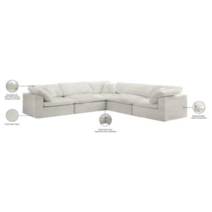 Meridian Furniture 634Cream-Sec5C Cozy Collection Contemporary Fiber Filled Comfort Overstuffed Velvet Upholstered Modular Sectional Seating for 5 Cream