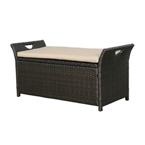 patio storage bench for outside outdoor furniture wicker deck box with all-weather cushion, beige