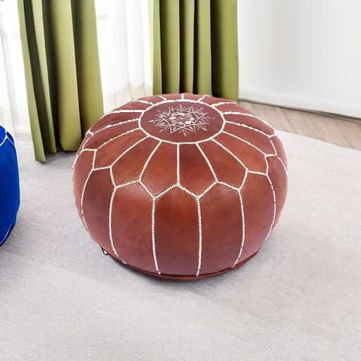 Marrakesh Gallery Genuine Leather Round Pouf Unstuffed - Moroccan Ottoman Footstool, Footrest Cover - Boho Decor - Bohemian Living Room, Bedroom, Kids Room, Gift & Wedding