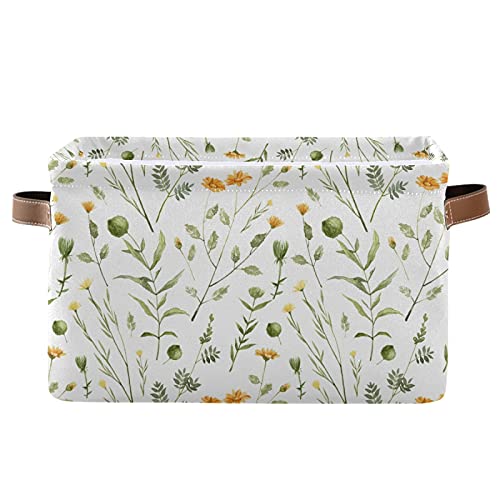 Large Foldable Storage Bin Green Leaves Branch Flowers Fabric Storage Baskets Collapsible Decorative Baskets Organizing Basket Bin with PU Handles for Shelves Home Closet Bedroom Living Room-2Pack