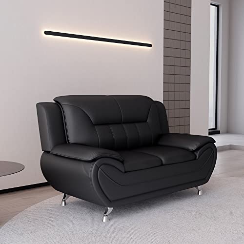 Container Furniture Direct Michael Modern Faux Leather Upholstered Stainless Steel Legs Living Room Loveseat, Midnight Black